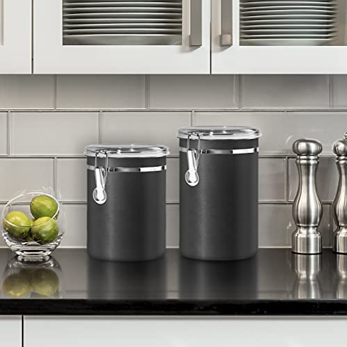 Oggi Stainless Steel Kitchen Canister 26oz, Black - Airtight Clamp Lid, Clear See-Thru Top - Ideal for Kitchen Storage, Food Storage, Pantry Storage. Size 5" x 3.5". (5300.3)