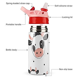 Stainless Steel Water Bottles Cartoon Cow Print Travel Water Cups with Handle And Silicone Straw Drinking Cup with Leak Proof Lid Thermo Travel Mug for Women Men