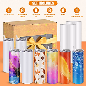 Sublimation Tumblers, KIDJFGG 8pack sublimation tumblers 20 oz skinny Straight with Lids and straws, Sublimation Shrink Wrap, Sublimation Blanks Product Stainless Steel Tumbler for Mug Press, Gift Box