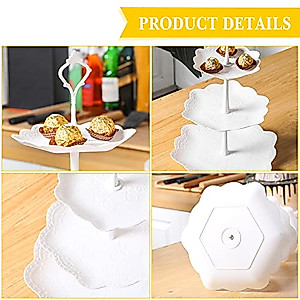 Potchen 8 Sets 3 Tier Cupcake Stand Plastic Tiered Serving Tray Round Flower Square Hexagonal White Dessert Table Display Set Candy Tower Pastry Holder for Party Wedding