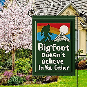 Funny Camper Garden Flags Bigfoot Doesn't Believe In You Either Vertical Double Sided Camping Trailer RV Yard Decorations 12.5x18 Inch