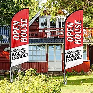 QSUM Open House Signs for Real Estate Agents Large, 11FT Swooper Open House Feather Flag Sign with Flagpole/Stainless Steel Ground Stake/Portable Bag, Open House Banner for Business (Red)