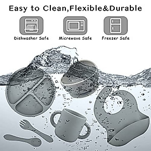 TQONEP Silicone Baby Feeding Set,Baby Led Weaning Supplies Suction Divided Plates Adjustable Silicone Toddler Soft Bowl Spoons Forks Silicone Toddler Cup BPA Free（Blue & Gray 12 PACK）