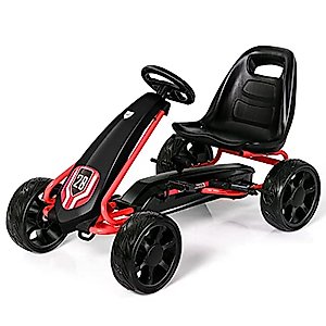 Costzon Pedal Go Kart for Kids, 4 Wheels Pedal Powered Ride on Toy, Outdoor Racer Children's Foot on Riding Car w/Adjustable Seat, Rubber Tires & 2 Brakes for Boys & Girls Age 3 to 8 (Black)