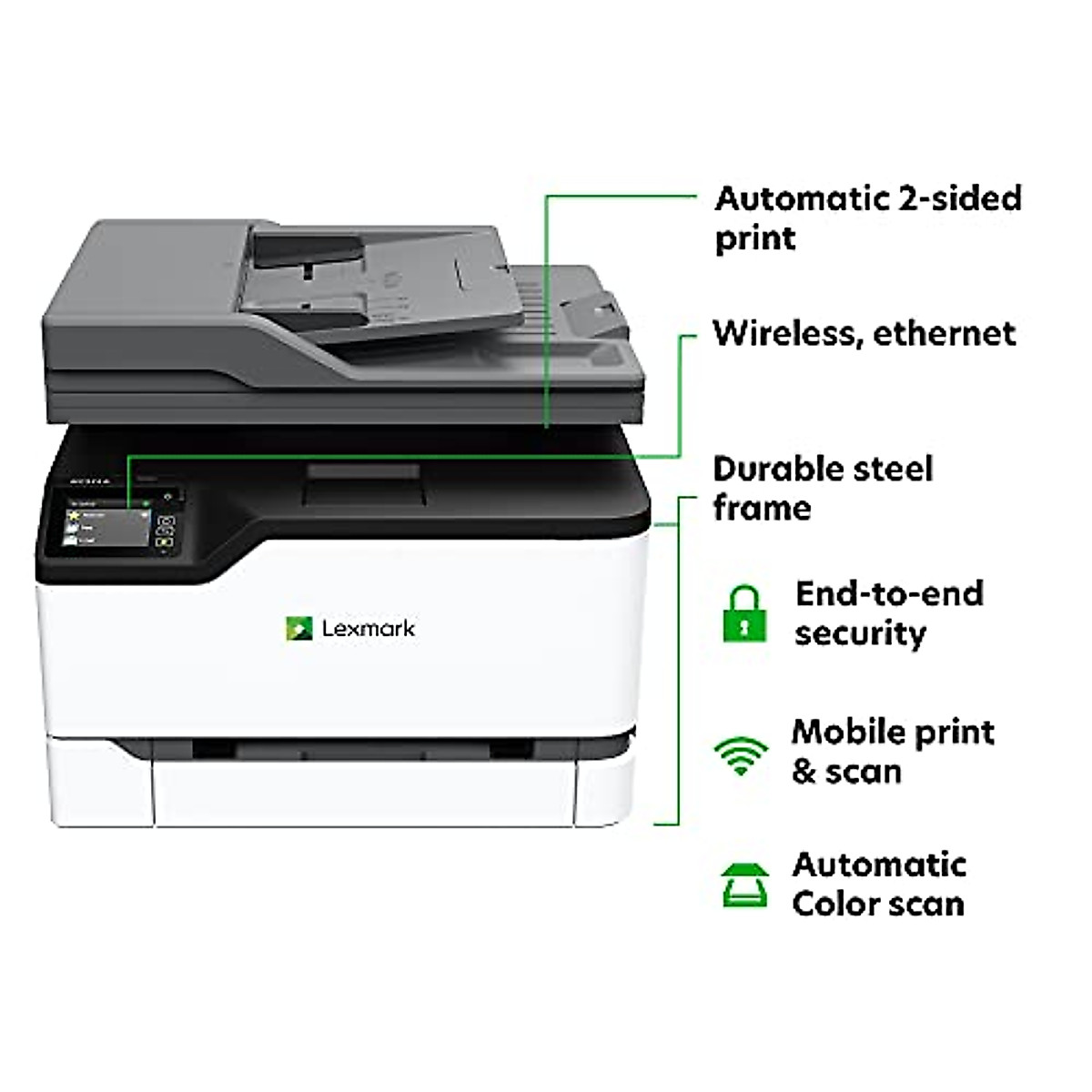 Lexmark MC3224i Color Laser Multifunction Product with Print, Copy, Digital Fax, Scan and Wireless Capabilities, Plus Full-Spectrum Security and Print Speed up to 24ppm (40N9640), White, Small