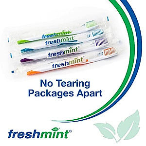 FRESHMINT (100 Pack) Individually Wrapped Premium Toothbrushes, Oversized Easy Grip Rubber Handle, Soft Multi Color Nylon Bristles, Bulk Packed, No Cutting or Tearing Apart Required.