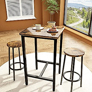 AWQM 3-piece Dining Table and Chairs Set for Small Space, Bar Set with 1 Square Table and 2 Round Stools, Coffee Table Set for 2, Breakfast Table with Footrest for Kitchen, Restaurant, Dinette (Brown)
