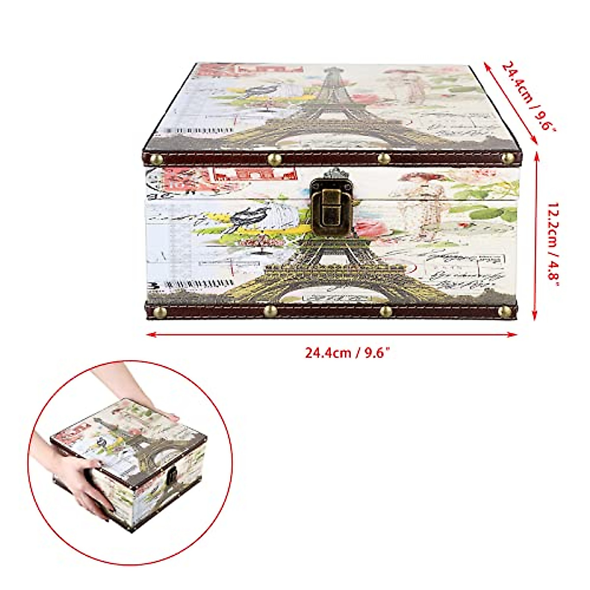 ELLDOO Treasure Chest Box with Latch, Wooden + PU Leather Storage Decorative Box for Jewelry Trinkets Collections, Antique Keepsakes box for Girls Women Gifts, Large