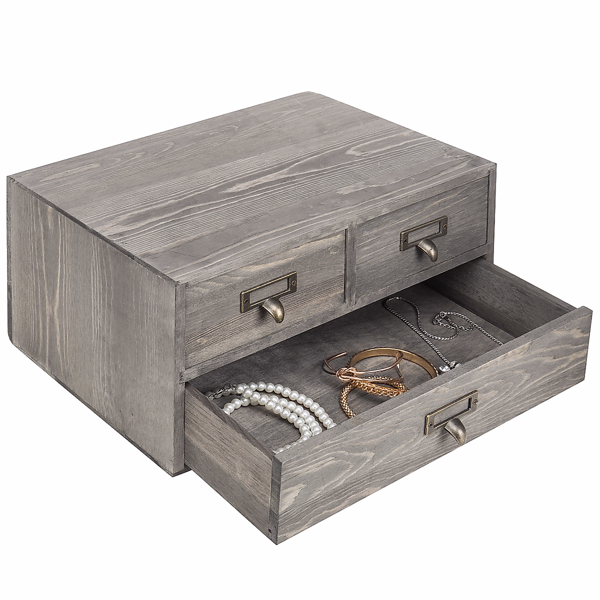 MyGift Rustic Gray Solid Wood Office Supplies Desk Organizer with 3 Pull Out Drawers and Metal Label Holder