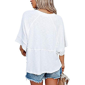 Aisongyuan Womens Fashion T-Shirt Crewneck 3/4 Sleeves Solid Color Loose Basic Tops Summer Casual Tees Blouses(White,XXL)