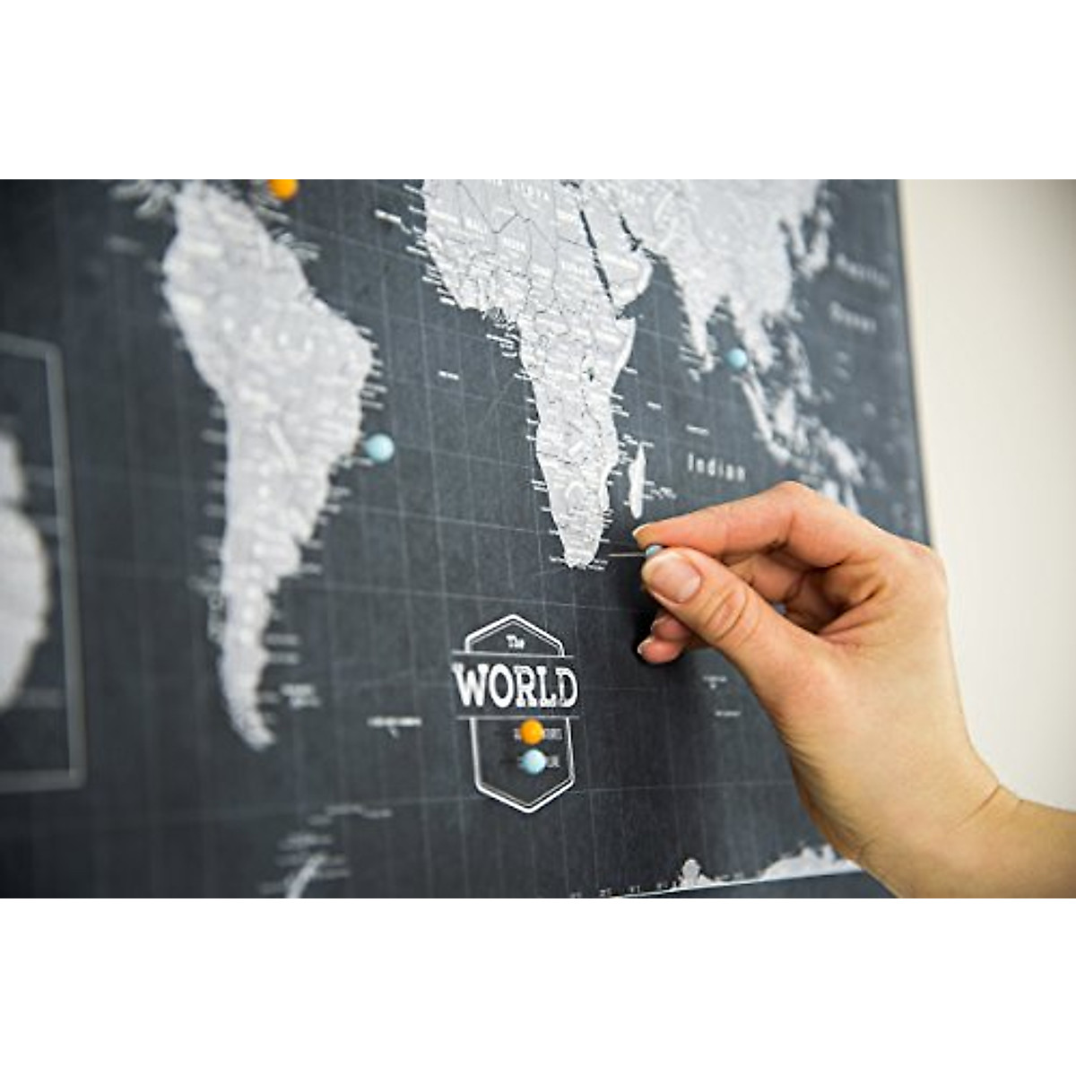 Conquest Maps World Travel Map with Pins Modern Slate Style Push Pin Travel Map Cork Board, Track Your Travels w/a Handmade Unique Canvas Pinable Map (24" x 16")