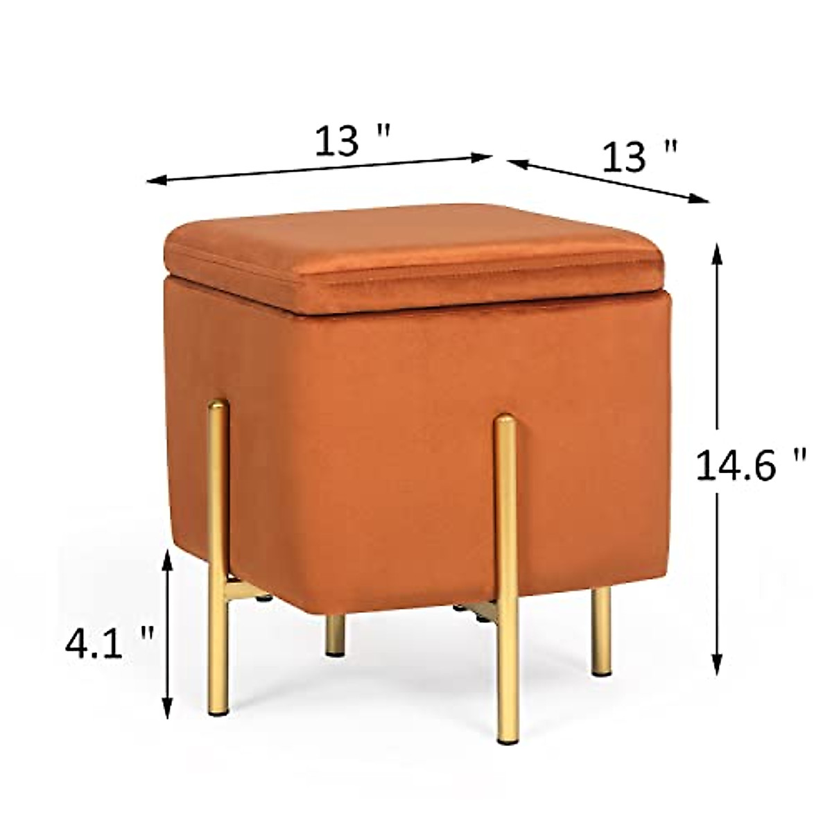 Adeco Velvet Upholstered Square Storage Ottoman, Vanity Stool Footrest with Sturdy Metal Legs in Gold Finish, Small Coffee Table Side Table for Living Room Bedroom Couch (Orange)