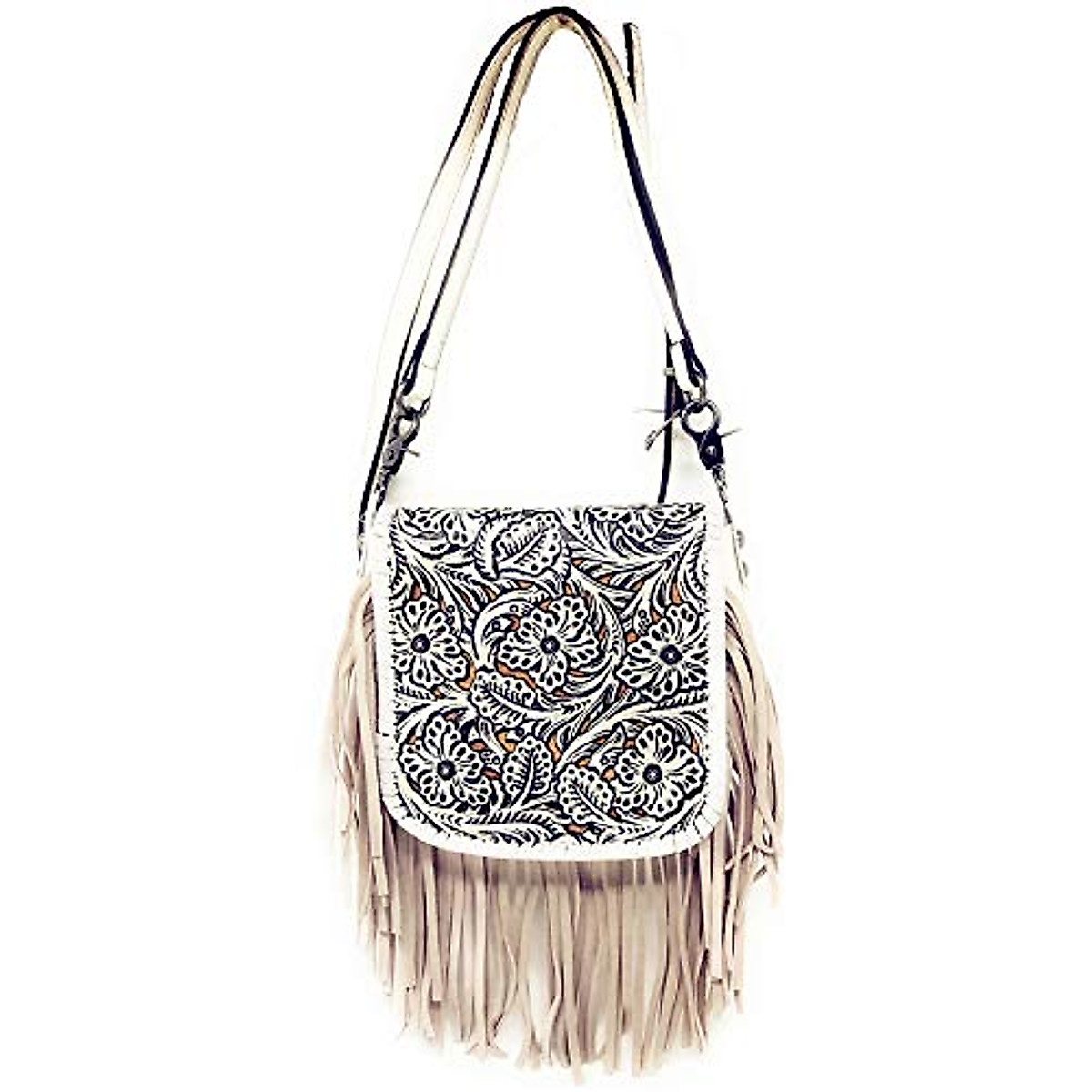 Texas West Western Genuine Leather Cowgirl Crossbody Messenger Fringe Laser Cut Purse Bag in 5 colors (White/Beige)