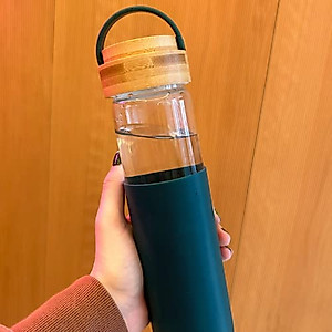 tanjoon 20 oz Borosilicate Glass Water Bottle with Leak-Proof Bamboo Lid and Silicone Handle and Protective Sleeve (TEAL) - BPA Free - Easy to Carry - Dishwasher Safe
