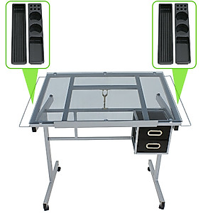 F2C Rolling Drawing Desk Craft Station Art Craft Hobby Drafting Table Desk Glass Top with Drawers
