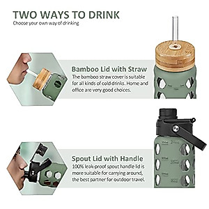 MUKOKO 32oz Glass Water Bottles with 2 Lids-Handle Spout Lid&Bamboo Straw Lid, Motivational Water Tumbler with Time Marker Reminder and Silicone Sleeve, Leakproof-Olive-1 Pack