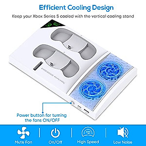 Upgraded Vertical Cooling Fan Stand for Xbox Series S, Cooler Fan System Dual Controller Charging Dock Station with 2 x 1400mAh Rechargeable Battery Pack, Headphone Bracket for Xbox Series S (White)