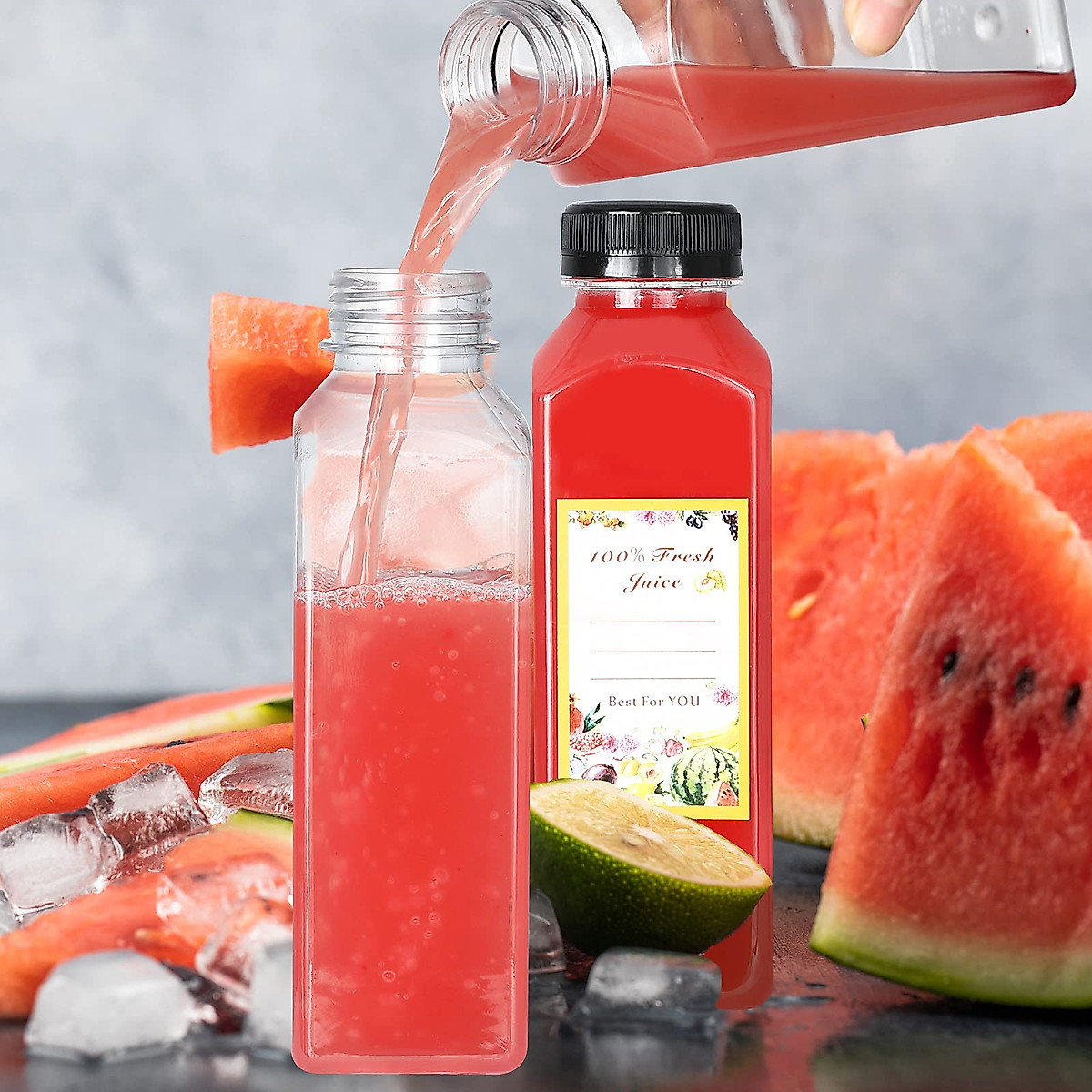 DANALLAN 24Pcs12oz Empty Juice Bottles with Caps, Premium Reusable Plastic Bottles Juice Container Transparent Black Leak-proof Lids for Drink Juice Smoothie Milk Beverages Water