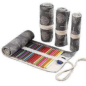 DIYOMR 24/36/72 Slots Pencil Wrap Pencil Rolls, Artist Colored Pencils Roll Up Bag Short Brushes Pouch Case Pencils Organizer for Drawing Coloring and Sketching (Trees, 72slots)