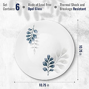 Bormioli Rocco White Moon Botanica Blue, Set Of 6, 10.75" Dinner Plates, Tempered Opal Glass Dishes, Dishwasher & Microwave Safe, Made In Spain.