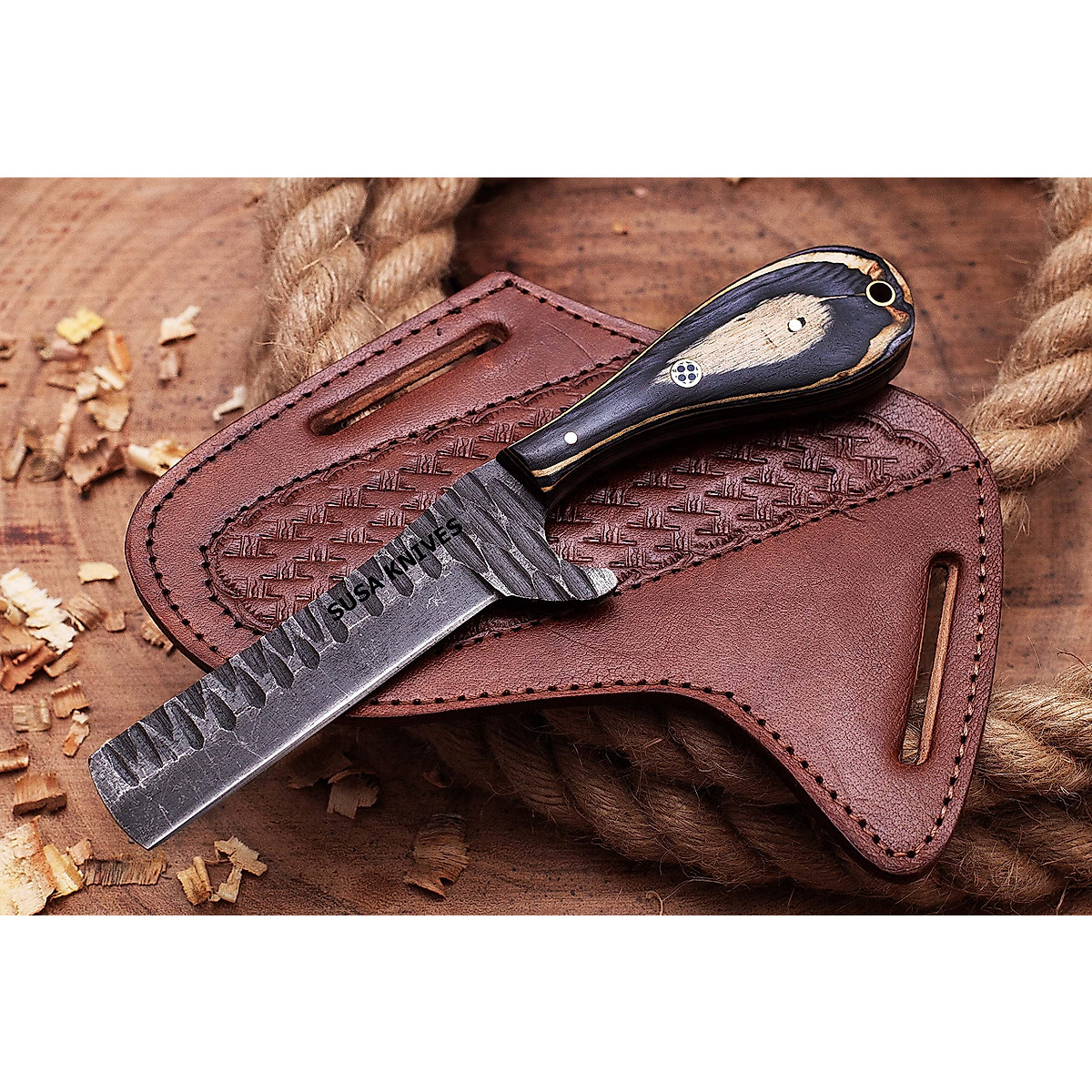 SUSA KNIVES Custom Handmade 1095 steel Bull cutter knife, cowboy knives with pancake leather sheath