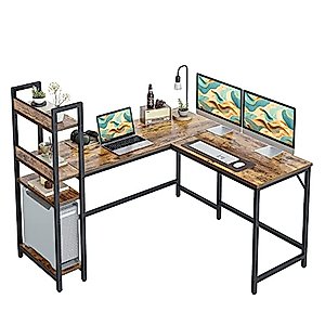CubiCubi L Shaped Desk with Storage Shelves, Computer Corner Desk for Home Office, Writing Gaming Study Desk Table with Bookshelf, Space Saving, Brown