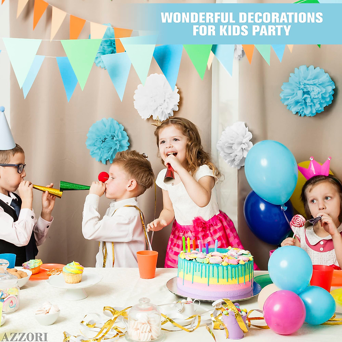 15Pcs Blue Pom Pom Decorations - Blue and White Pom Poms Flowers Decoration Blue Tissue Paper Lanterns Party Decorations - Light Blue Tissue Paper Flowers Decorations Birthday Decorations for Women