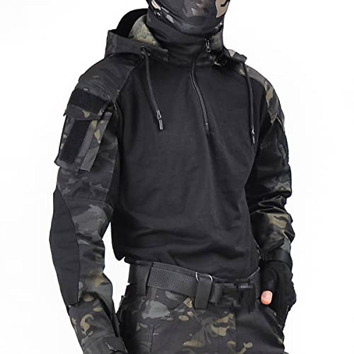 HAN·WILD Men's Tactical Shirt Combat Airsoft Long Sleeve Shirts with Elbow Pads Camo Military T-Shirt with Hood