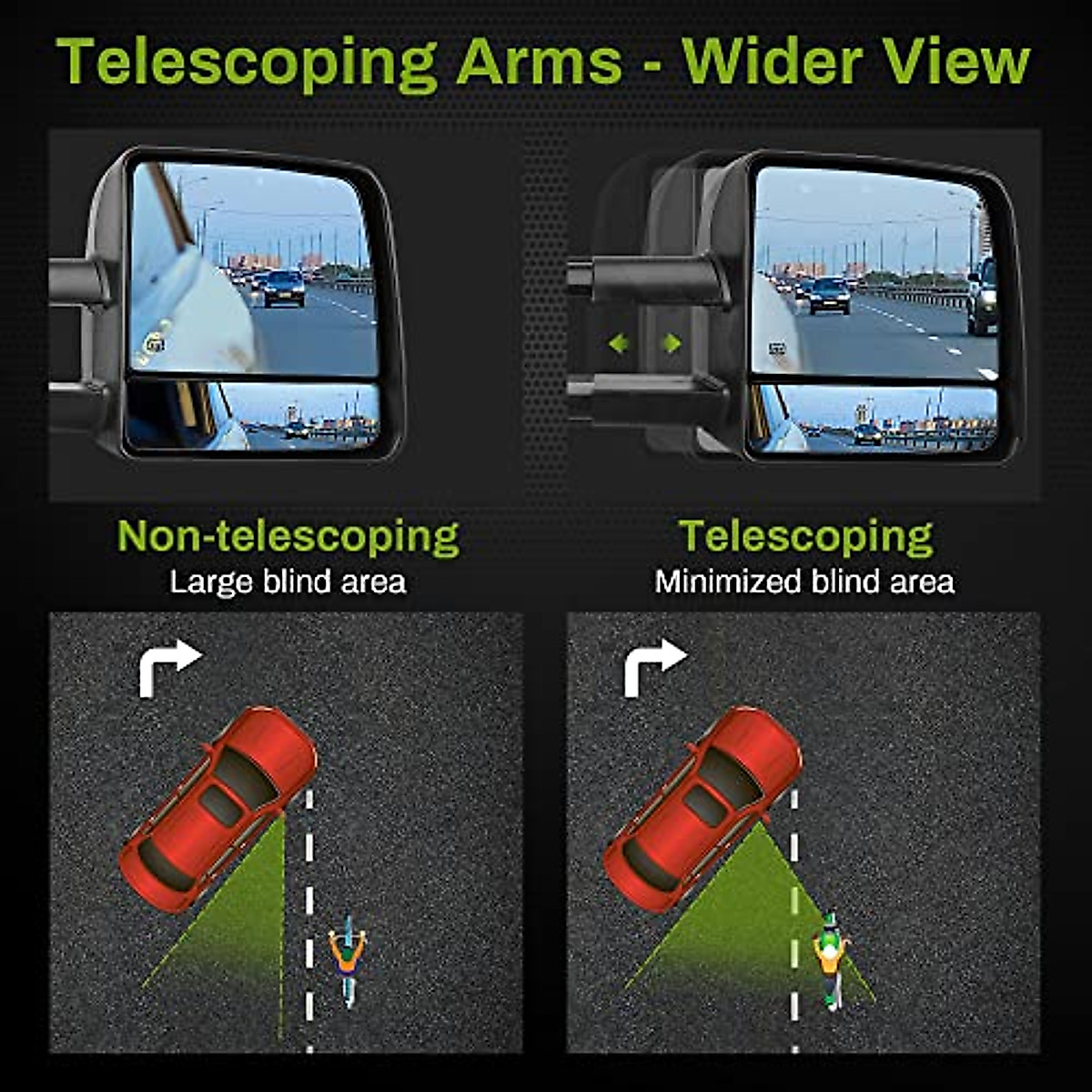 AUTOSAVER88 Tow Mirrors Compatible with 07-17 Tundra, Power Control Heated Rear View Mirrors, Black Manual Extending and Folding Truck Towing Mirrors w/ Turn Signal