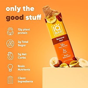 IQBAR Brain and Body Plant Protein Bars - Banana Nut - 12-Count Low Carb - Gluten Free, High Fiber, Vegan Snacks - Low Sugar Meal Replacement