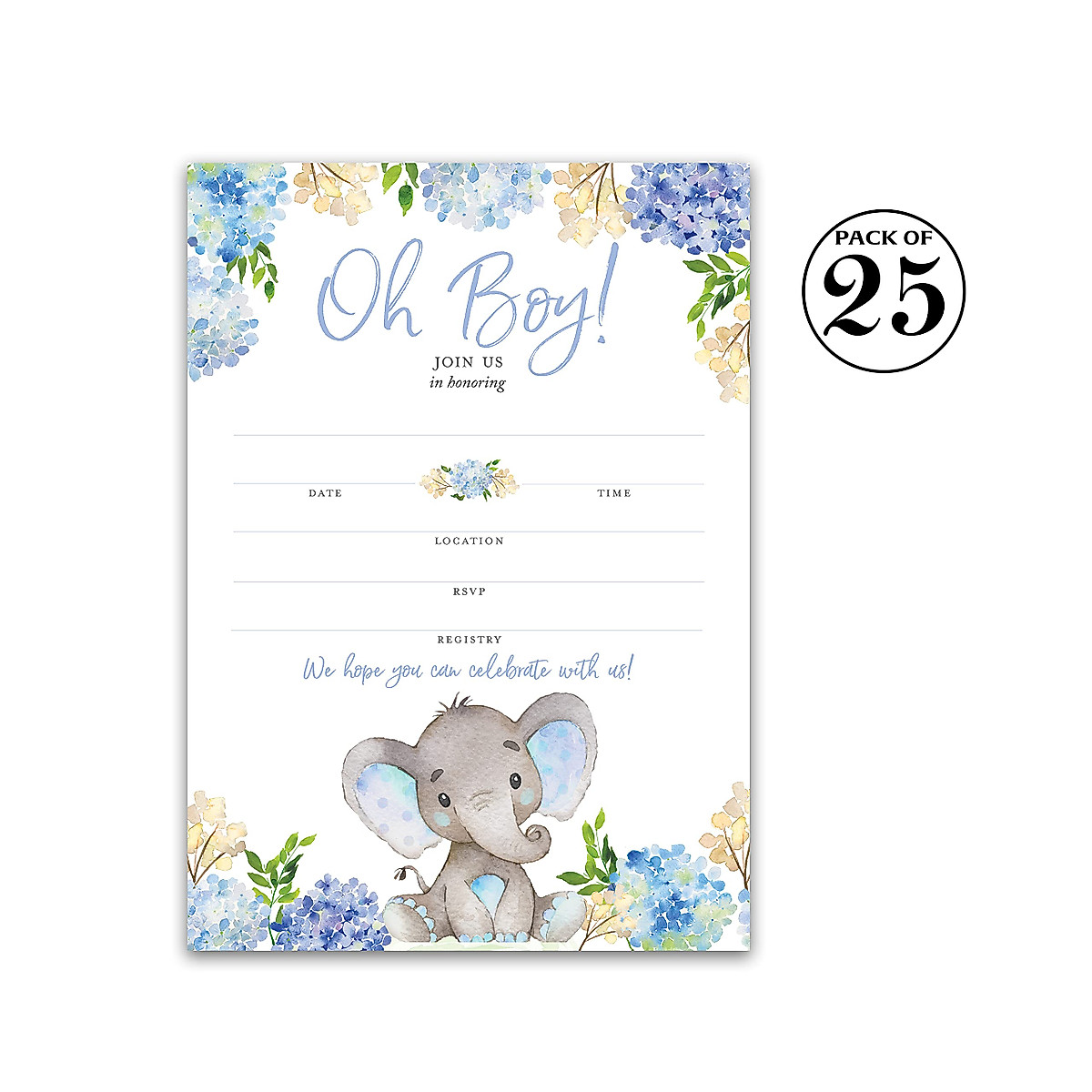 BLUE ELEPHANT Baby Shower INVITATIONS — Pack of 25 — BABY BOY Blank Fill-in Baby Shower INVITES, Oh Baby, Blue Floral BABY ELEPHANT BOY Baby Sprinkle Little Peanut Invitation SKU I531-INV1