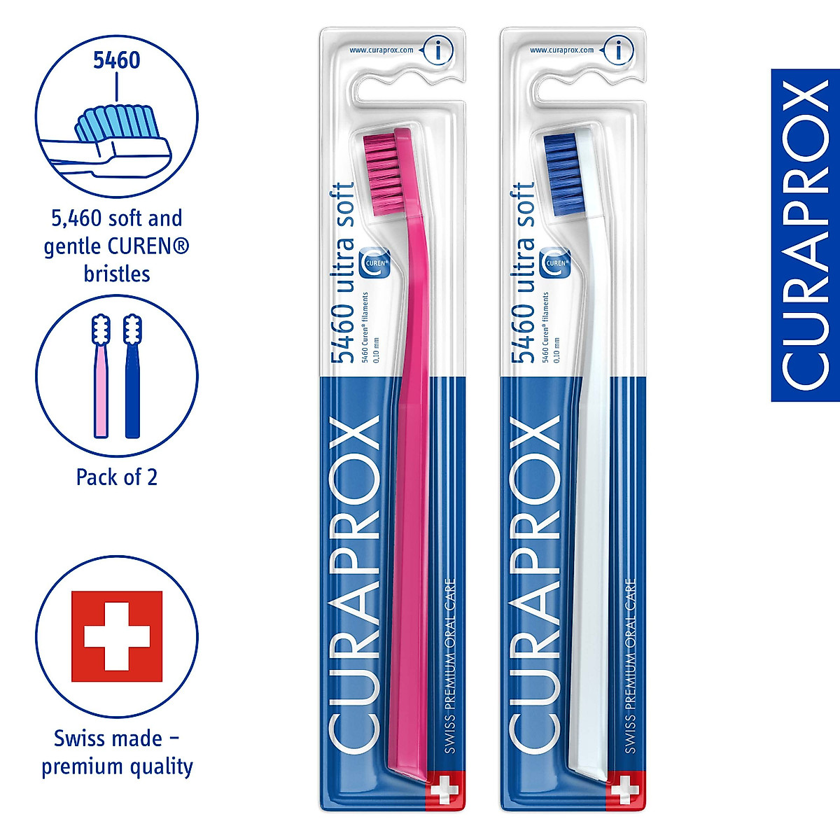 Curaprox CS 5460 Extra-Soft Toothbrushes for Adults, Sensitive-Gum-Safe Ultra-Fine Filaments and Compact, Slightly Angled Toothbrush Head for Improved Tooth and Gum Health, Pack of 2
