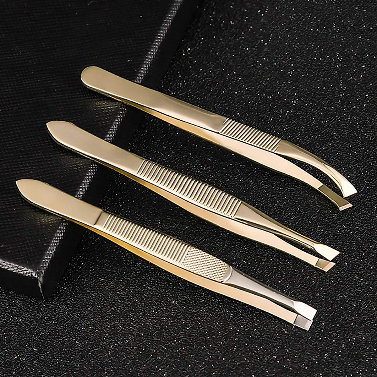 Tvoip 3Pcs Eyebrow Tweezer Golden Stainless Steel Slant/Flat Tip Curved Forceps Hair Removal Cosmetic Makeup Tool Kit Face Trimmer