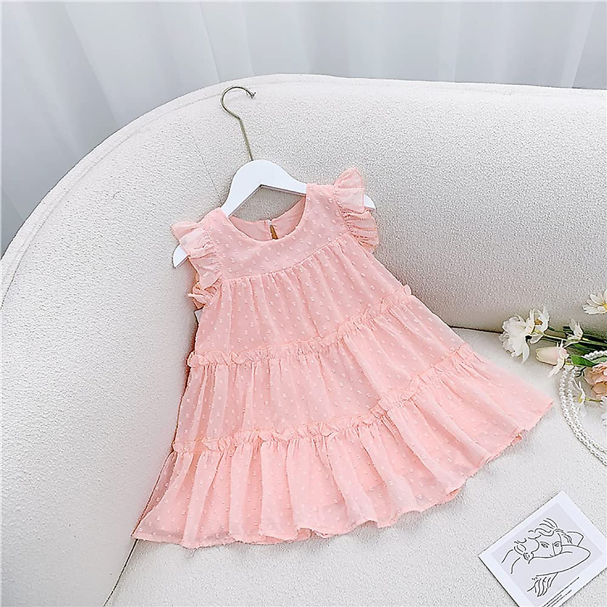 AGQT Toddler Girls Summer Dress Loose Fit Swiss Dots Flowy Pleated Dress Ruffle Babydoll Birthday Chiffon Dress Pink Size 1-2T