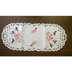 Doily Boutique Table Runner Embroidered with Hummingbirds on Ivory Material, Size 54 x15 inches