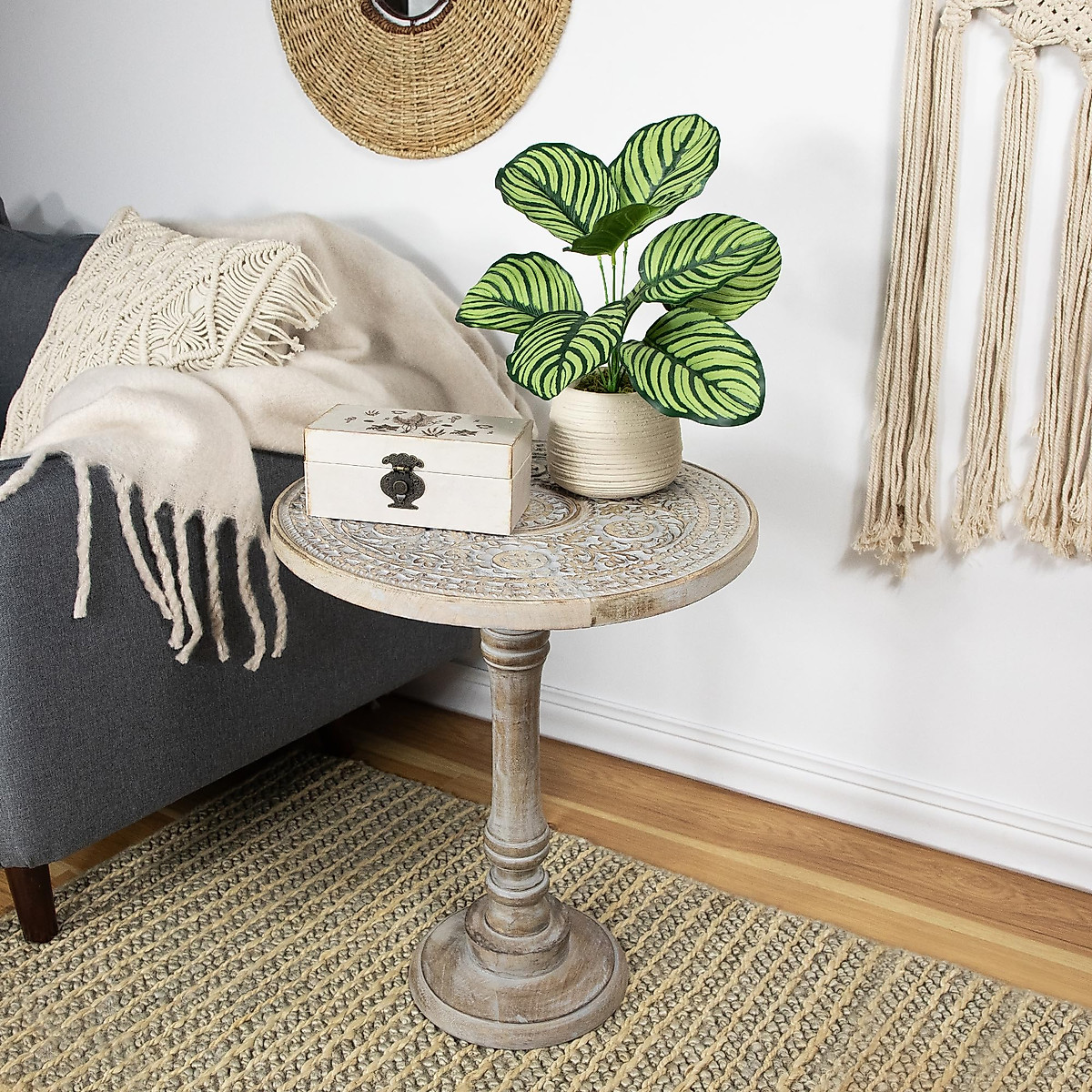 Northlight 21" Antique Gray Carved Floral Round Pedestal Side Table