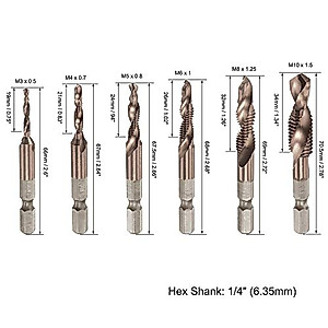 uxcell Combination Drill and Tap Bit Set M3 M4 M5 M6 M8 M10 with 1/4" Hex Shank Vacuum Titanium Coated High-Speed Steel Countersink Bit Spiral Flute Tapping Tool 6pcs