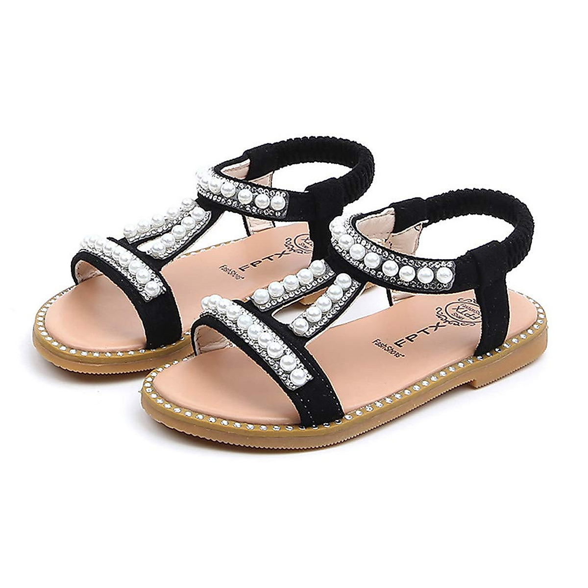 WUAI Kids Baby Girls Summer Sandals Fashion Boho Princess Flat Shoes Crystal Beach Roman Sandals 1-6Years(Black,4-4.5Years)
