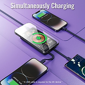 Miady Magnetic Battery Pack 10000mAh, PD 20W USB-C Fast Charging Power Bank/w Built-in Cables, Wireless Portable Charger for iPhone 15/14/13/12/11/... Series and Android Phones