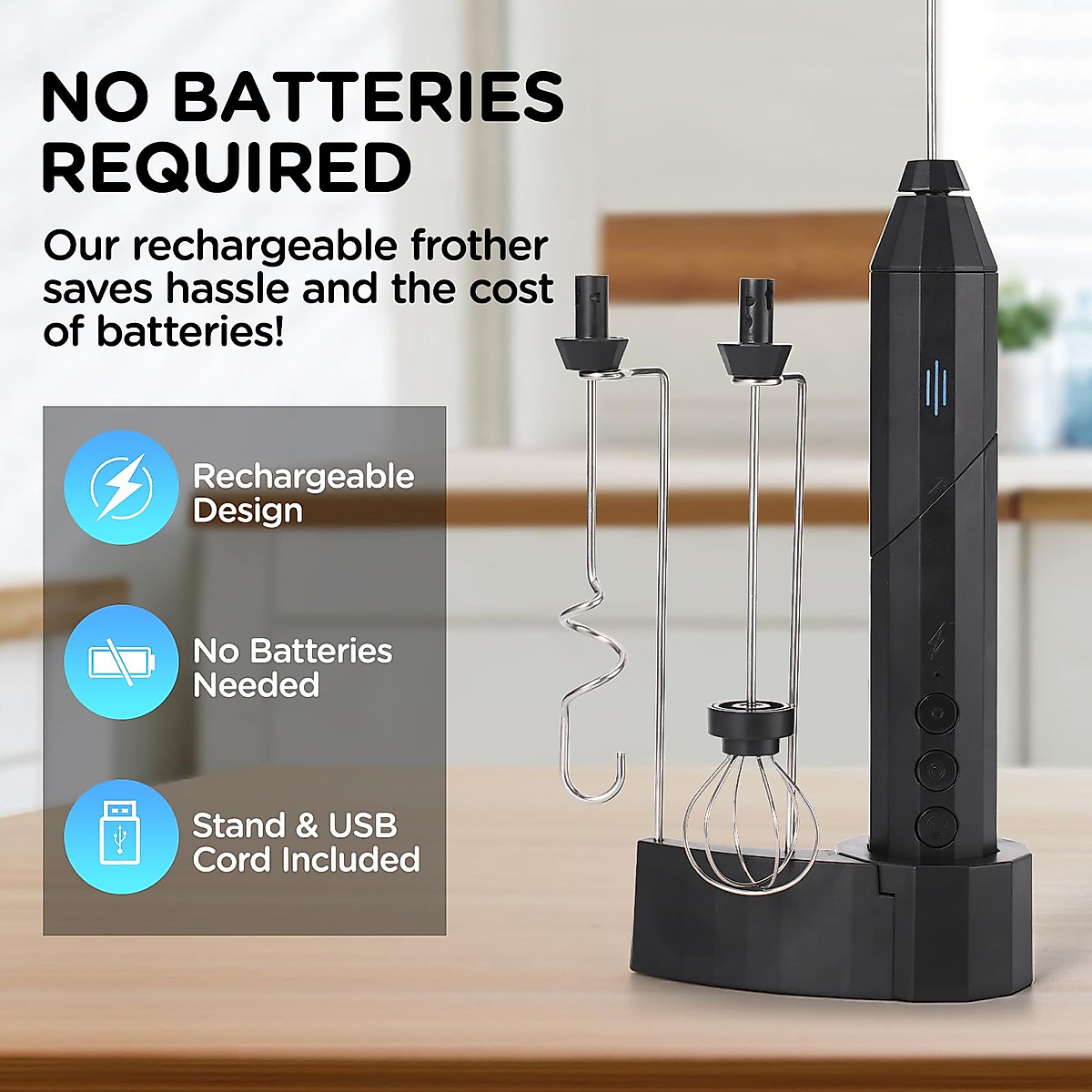 Rechargeable Milk Frother Handheld with 3 Heads, Coffee Electric Whisk Drink Foam Mixer with Stand, Hand Stirrer with 3 Speeds Adjustable and 2 grip methods for Latte, Cappuccino, Hot Chocolate, Egg