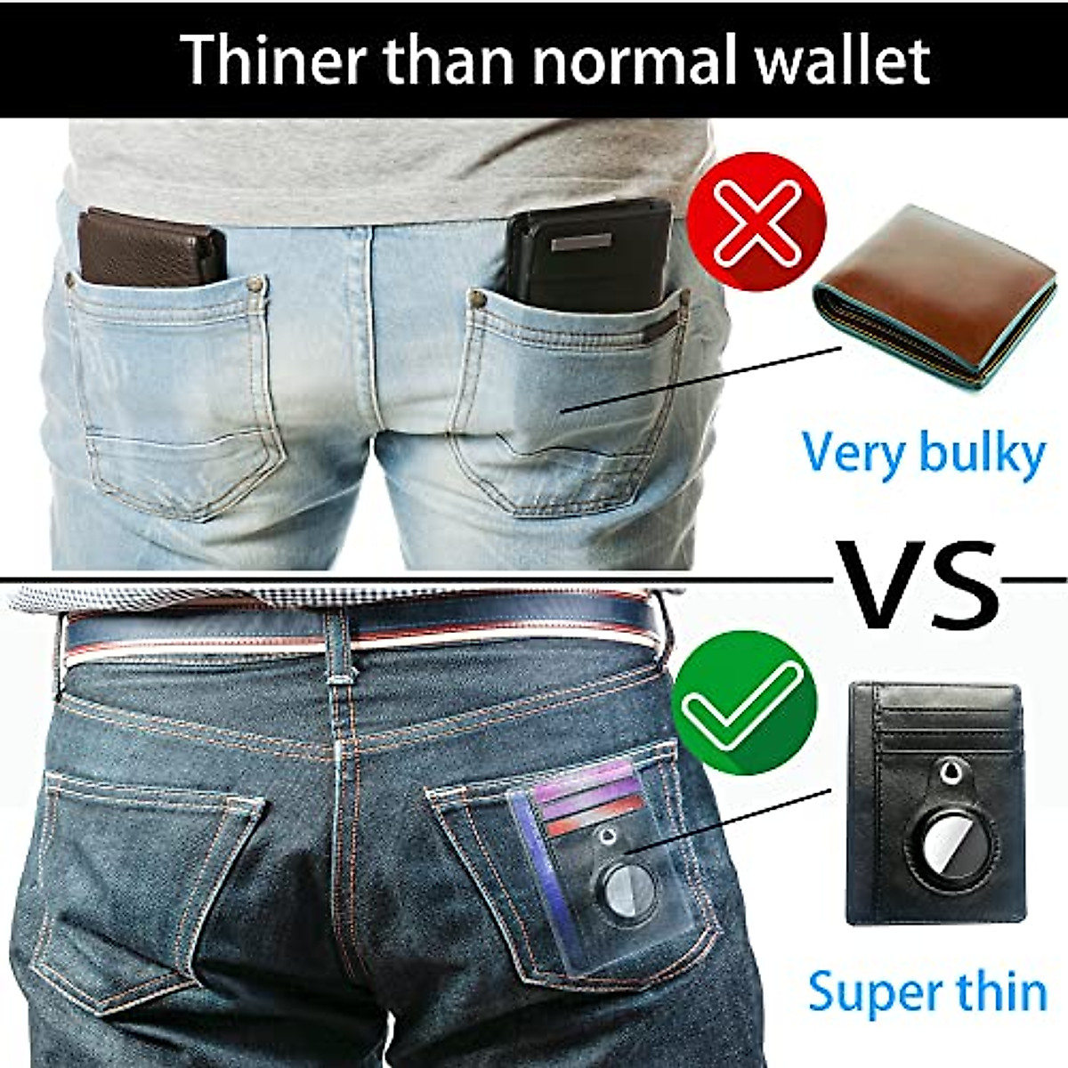 Compatible with Apple Airtag Wallet + Holder (2 Pack), Air tag Wallet for Men Women with Keychain Leather, Slim Card Holder, Mens Wallet with Holder Small and Thin, Black