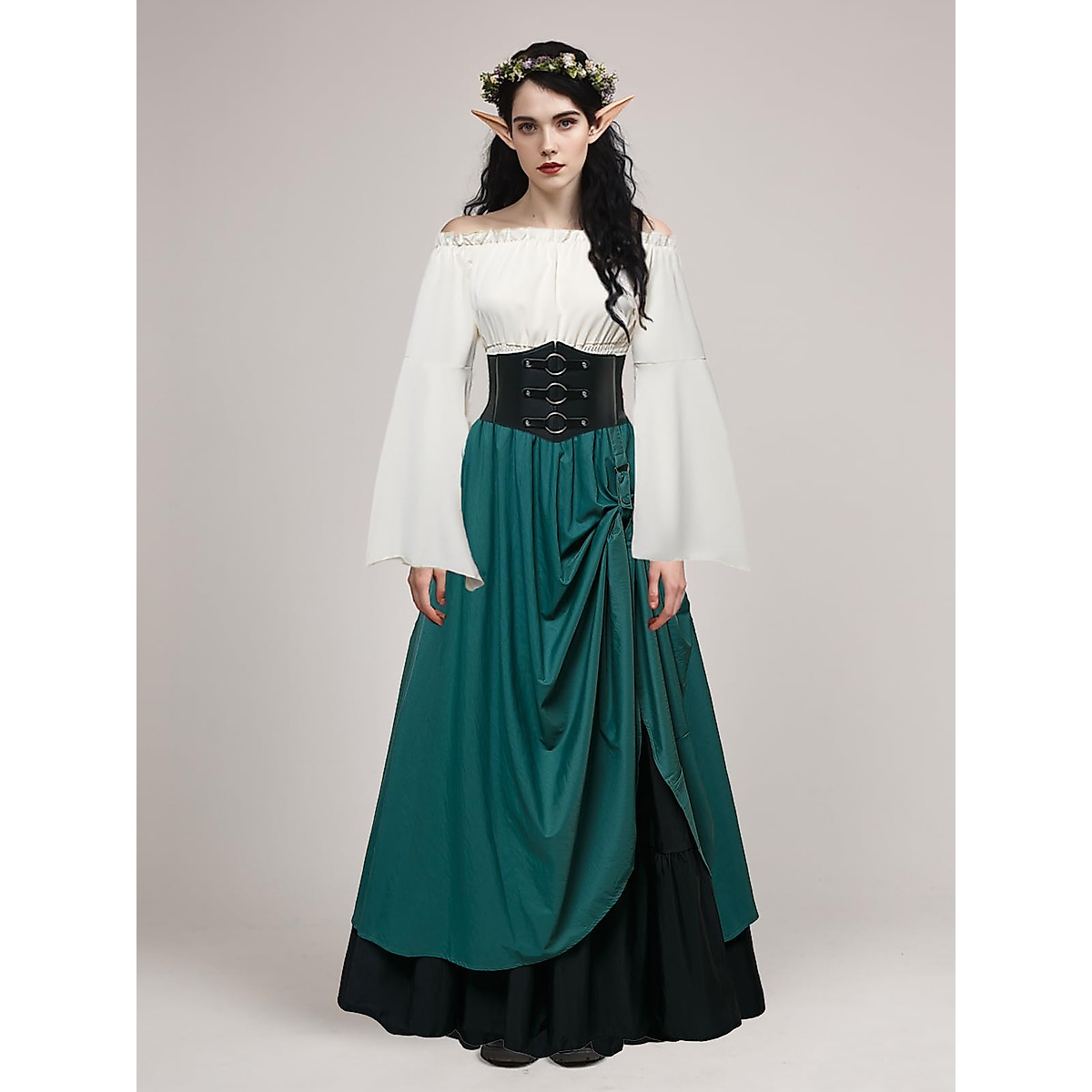 FORTMAC Renaissance Costume Women Ren Faire Medieval Dress for Women with Corset Fairy Costume Halloween Green M
