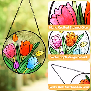 Tuitessine Tulip Suncatcher Stained Glass Window Hanging Panels, 6.3''x6.3'' Round Handmade Hanging Ornament with Chain, Garden Patio Wall Decor Flower Gift for Mom Teachers Friends