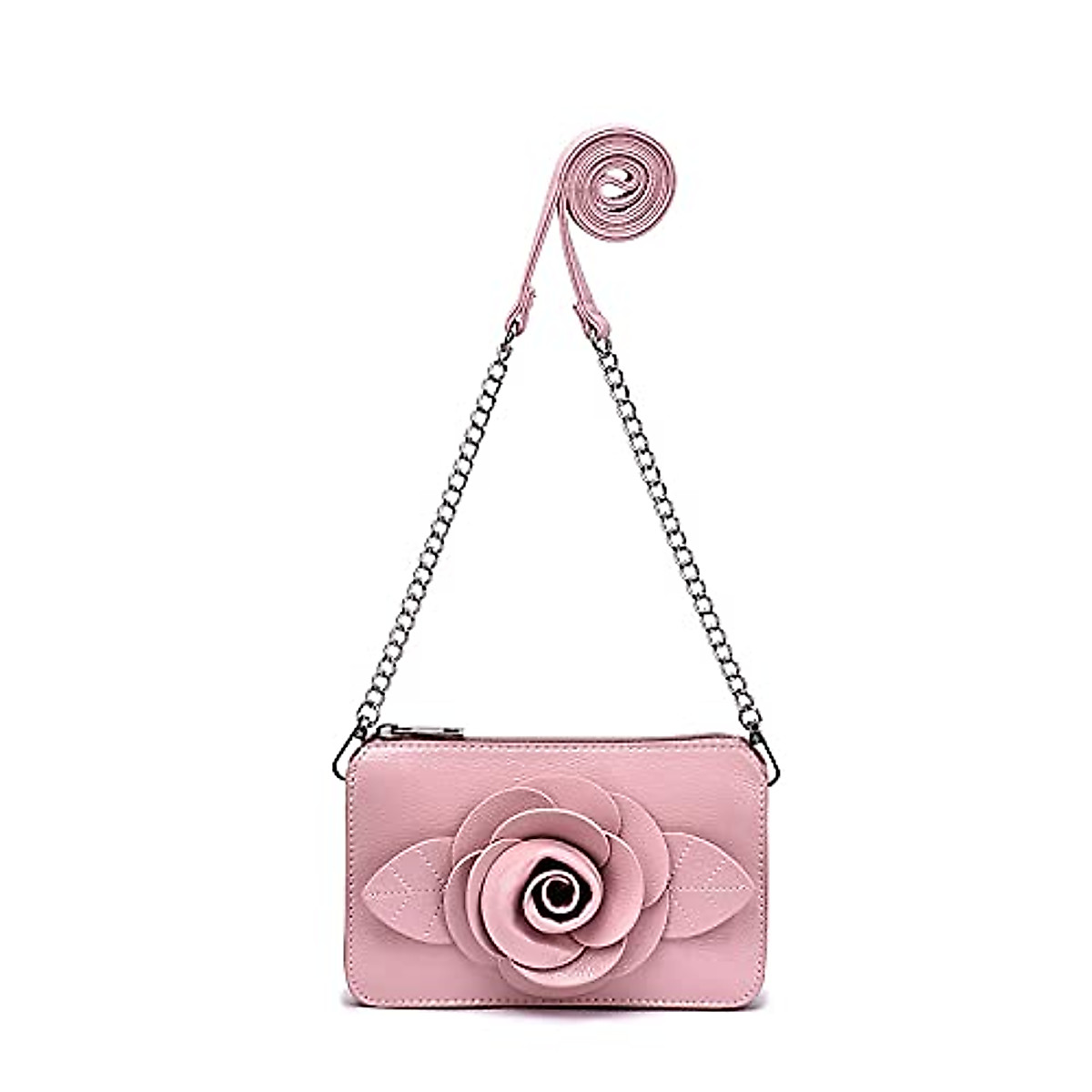 Mellow World Rosali 3D Floral Cell Phone Small Cross Body Shoulder Bag Vegan Patent Leather Women Purse Touch Screen Removable Strap, Mistyrose