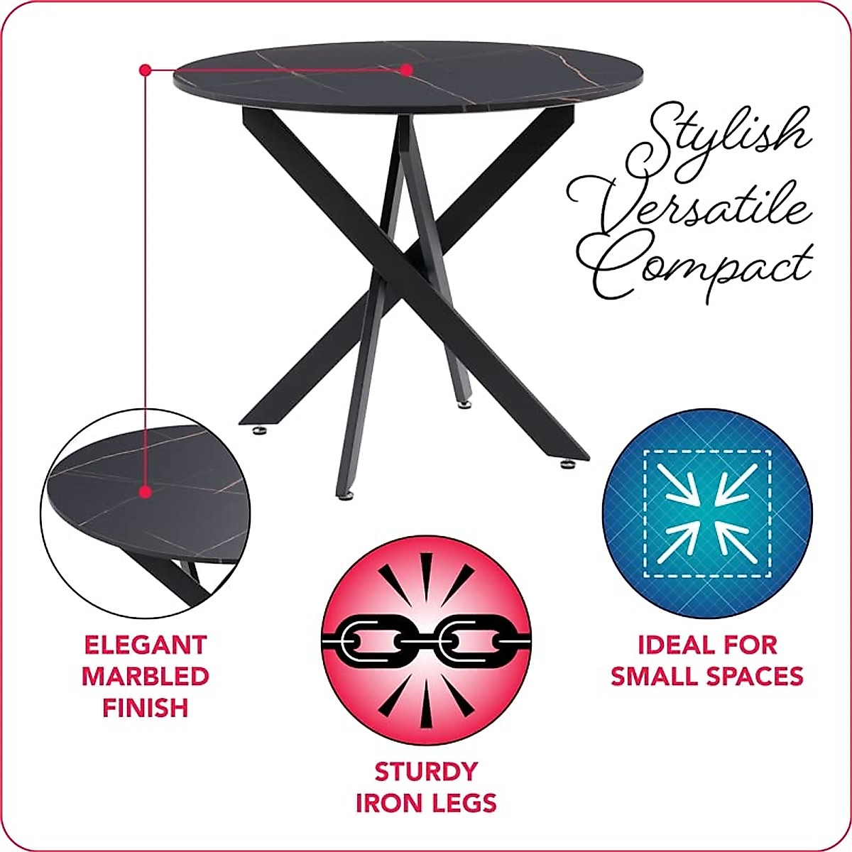 CorLiving Lennox Black Iron Metal Leg Trestle Dining Table with Marbled Top