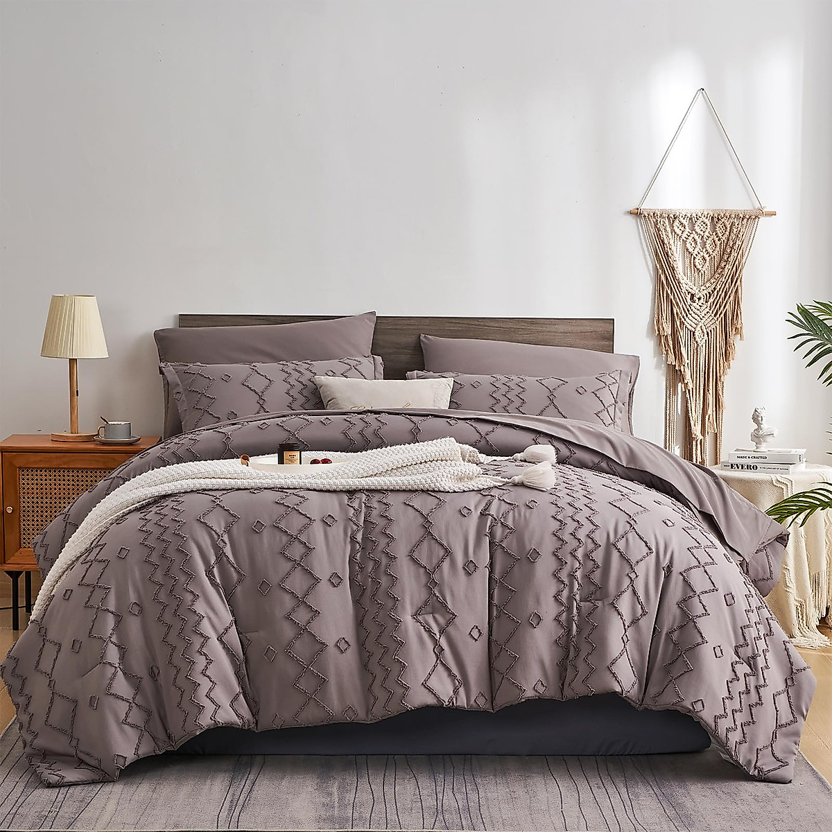 FLYMME Taupe Tufted Twin Comforter Set Bed in a Bag 7 Piece,Boho Shabby Chic Farmhouse Bedding Comforter with Sheets,Soft Lightweight Geometric Embroidery Comforter (Taupe, 68''x 86'')