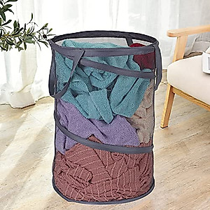Qtopun Mesh Popup Laundry Hamper, Foldable Portable Cylindrical Dirty Clothes Basket for Bedroom, Kids Room, College Dormitory and Travel — Grey