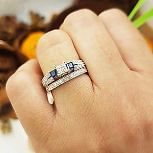 Dazzlingrock Collection 10K Blue Sapphire & White Diamond Women 3 Stone Wedding Ring Set, White Gold, Size 4.5