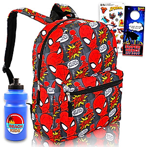 Marvel Shop Spiderman Backpack for Boys 7-8 Set - 16'' Inch Spiderman School Backpack for Boys 7-8 Bundle with Stickers, More | Spiderman Backpack for Kids