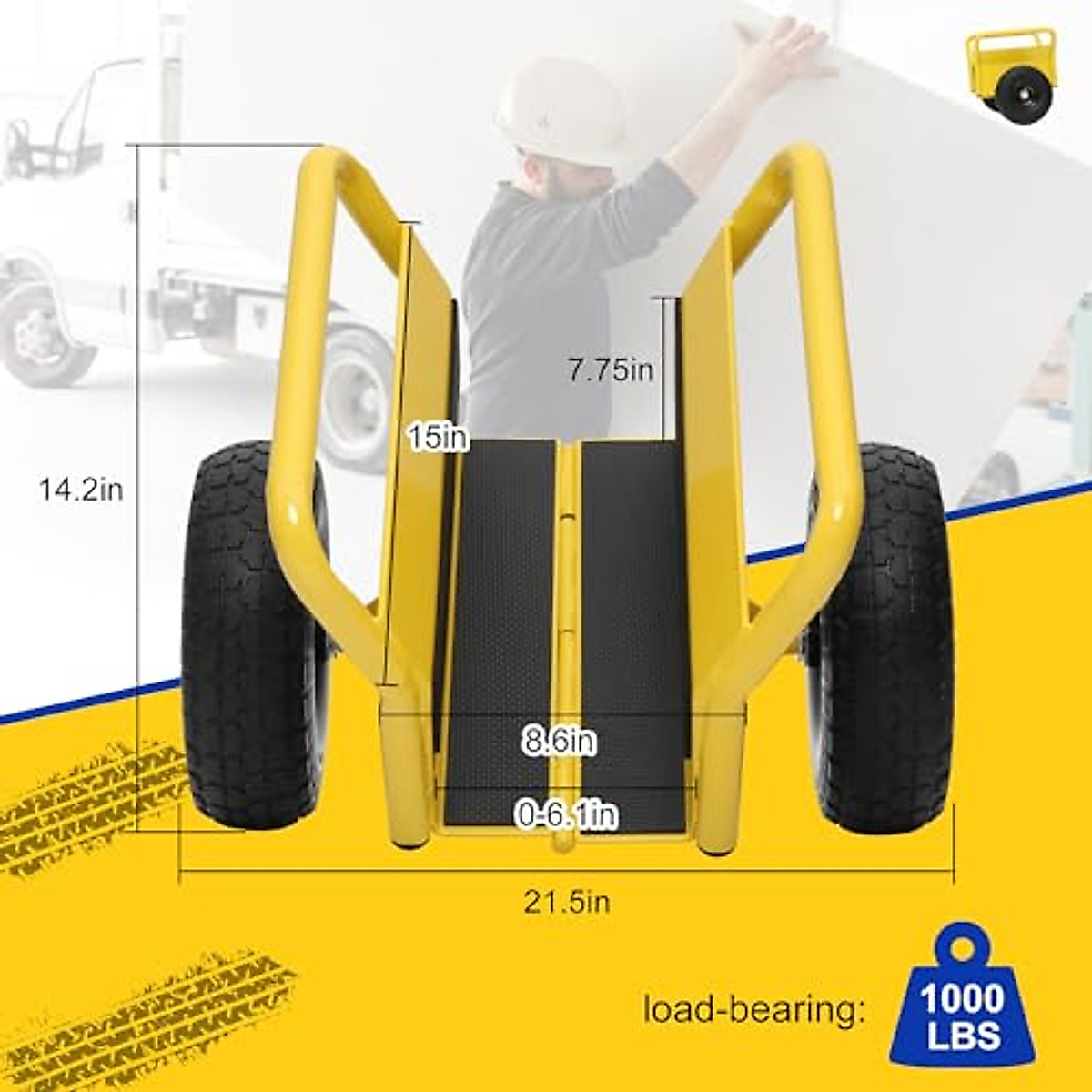 Courtco Heavy Duty Panel Dolly, Slab Dolly, Two Nice Handles, 10" Solid Rubber Tires, Super Weight 1000 LBS, All-Terrain Movement for Heavy Drywall Sheet & Door Material (Yellow)